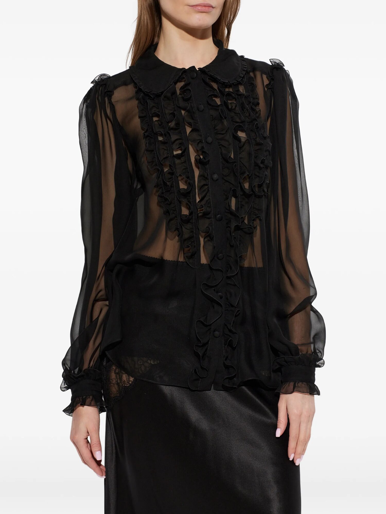 Блуза DOLCE & GABBANA Ruffled sheer blouse, размер 38, black / black — фото 1