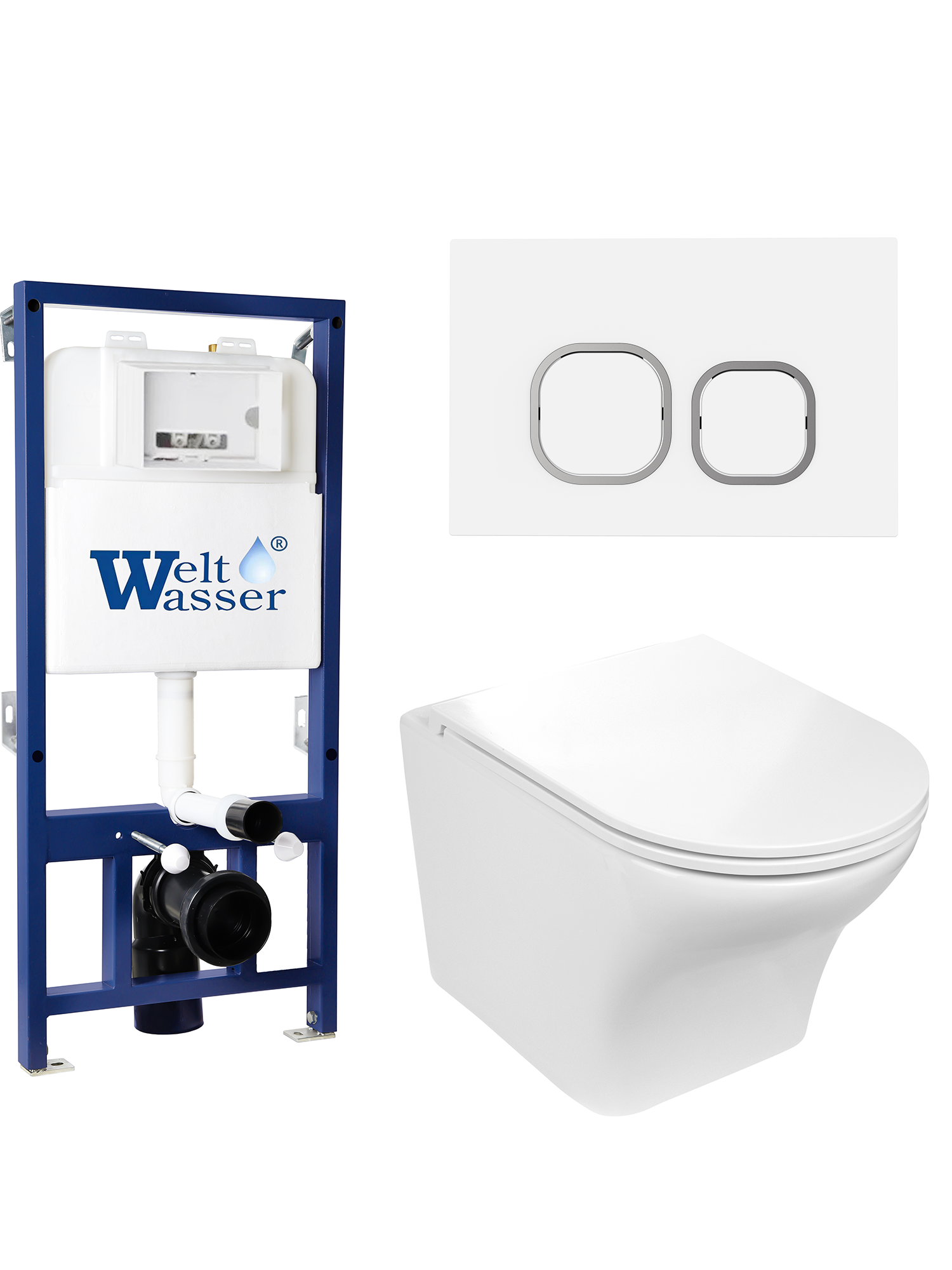Комплект 3 в 1 Унитаз подвесной WeltWasser ODENBACH 004 GL-WT безободковый+Инсталляция BAMBERG 525 с кнопкой BAMBERG WT белая матовая