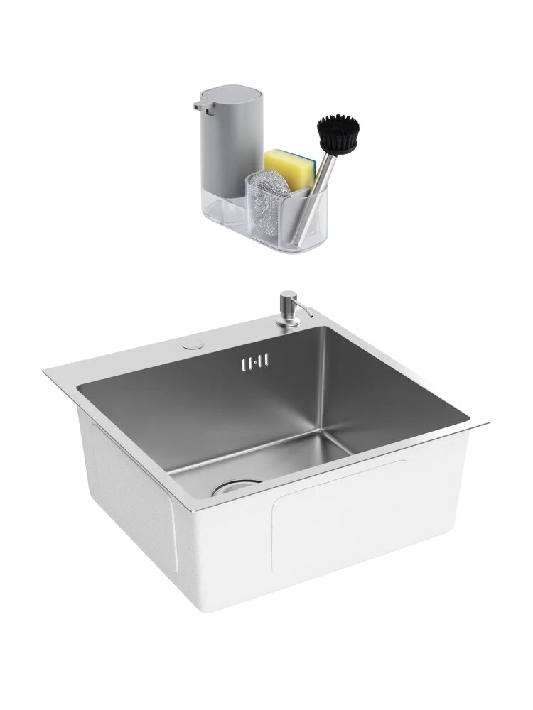 Мойка кухонная Domaci Равенна DMC-RV50202GB металлическая, 50x50, квадратная, вороненая сталь, матовая, мойка для кухни, врезная, с сифоном, с дозатором