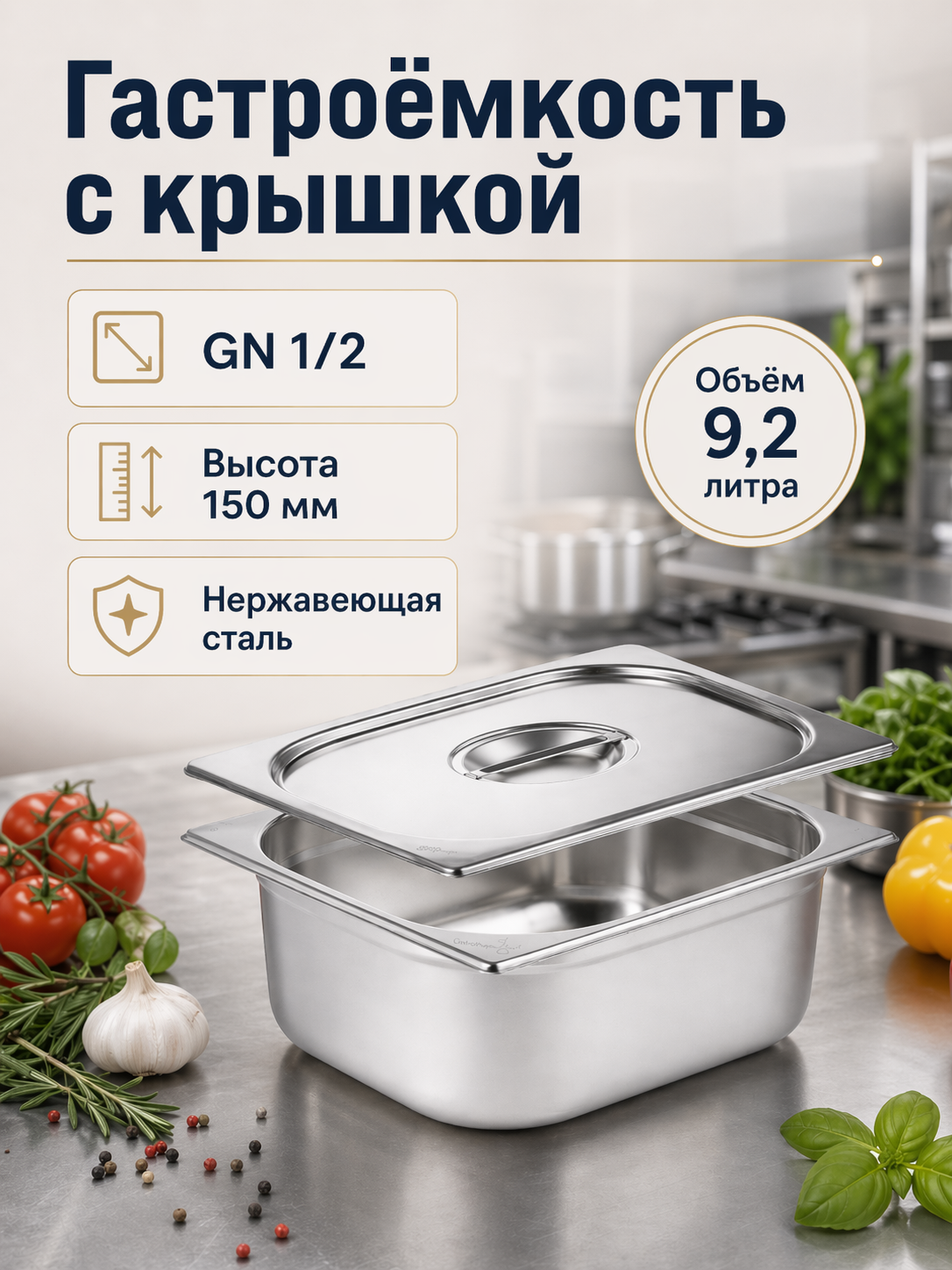 Гастроемкость GN 1/2-150 мм с крышкой, нержавеющая сталь