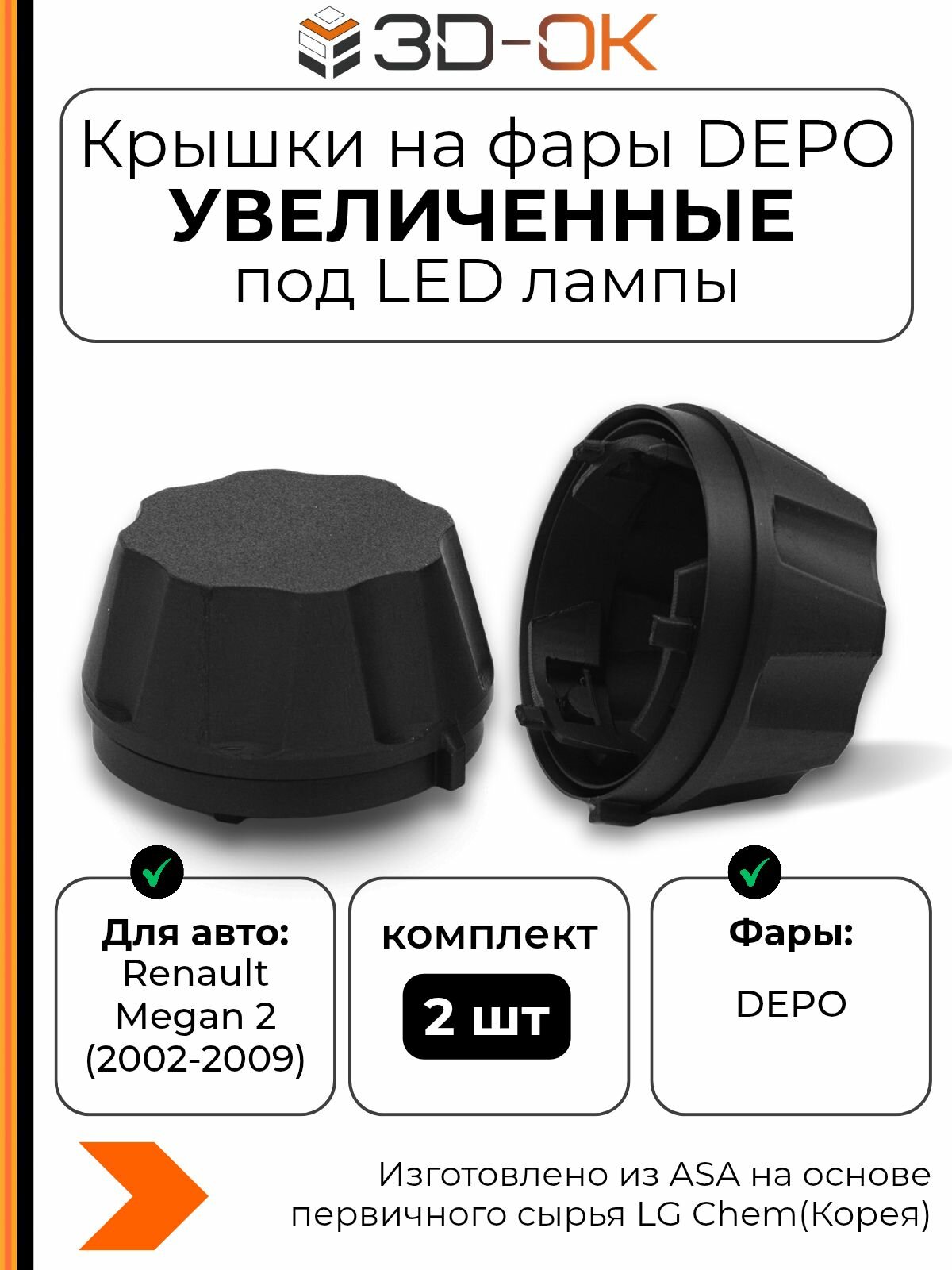 Крышки фар увеличенные под LED для Renault Megane 2 DEPO, комплект 2 шт