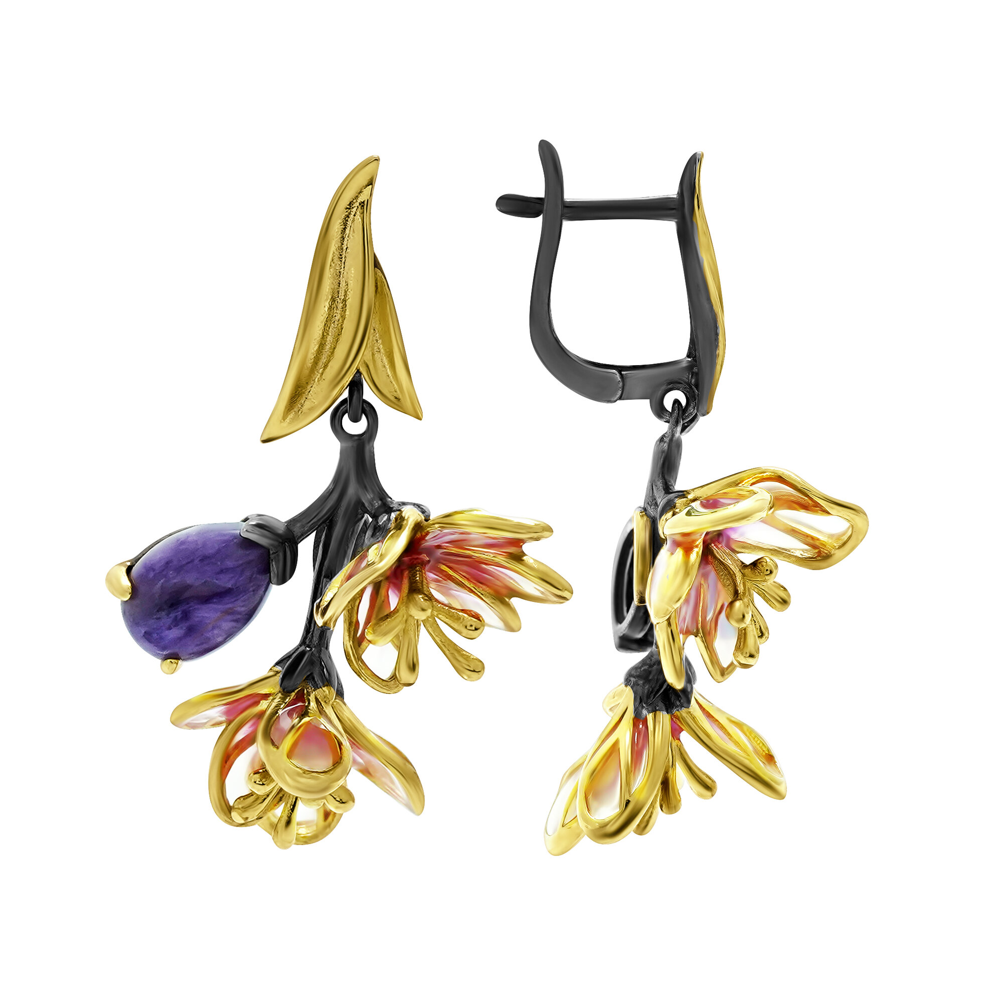 Серьги, серебро, 925 проба, чароит, эмаль
