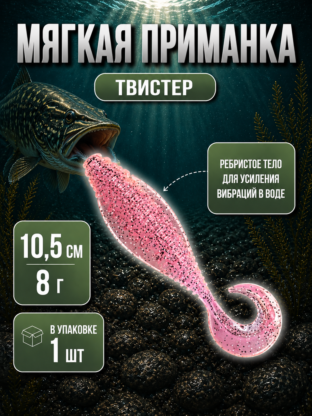 Рыболовная мягкая приманка твистер "Screw Worm", имитация куколки с закрученным хвостом для ловли окуня, мандариновой рыбы, змееголовки 10,5 см/8 г, розовая