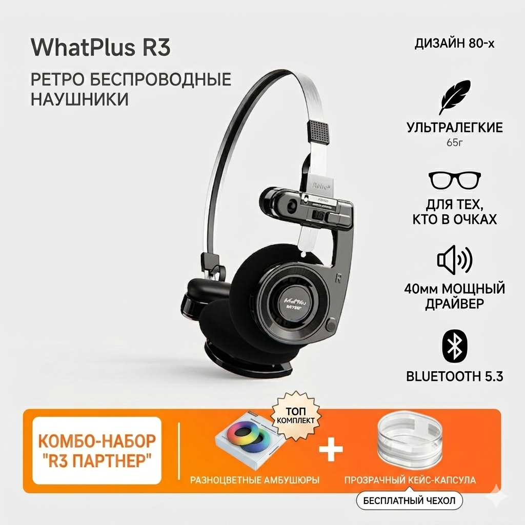 Ретро-наушники WhatPlus RETRO R3 с оголовьем, Bluetooth5.3, черное