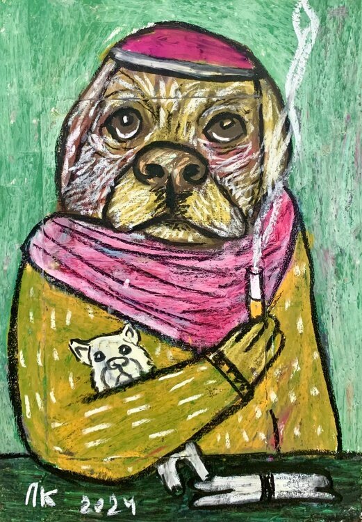 Авторский рисунок масляной пастелью и акрилом на бумаге Курящая собака 99/ Smoking dog #99 (2024). Единственный экземпляр. Художник Павел Курагин. Формат А4. 21х29,7 см