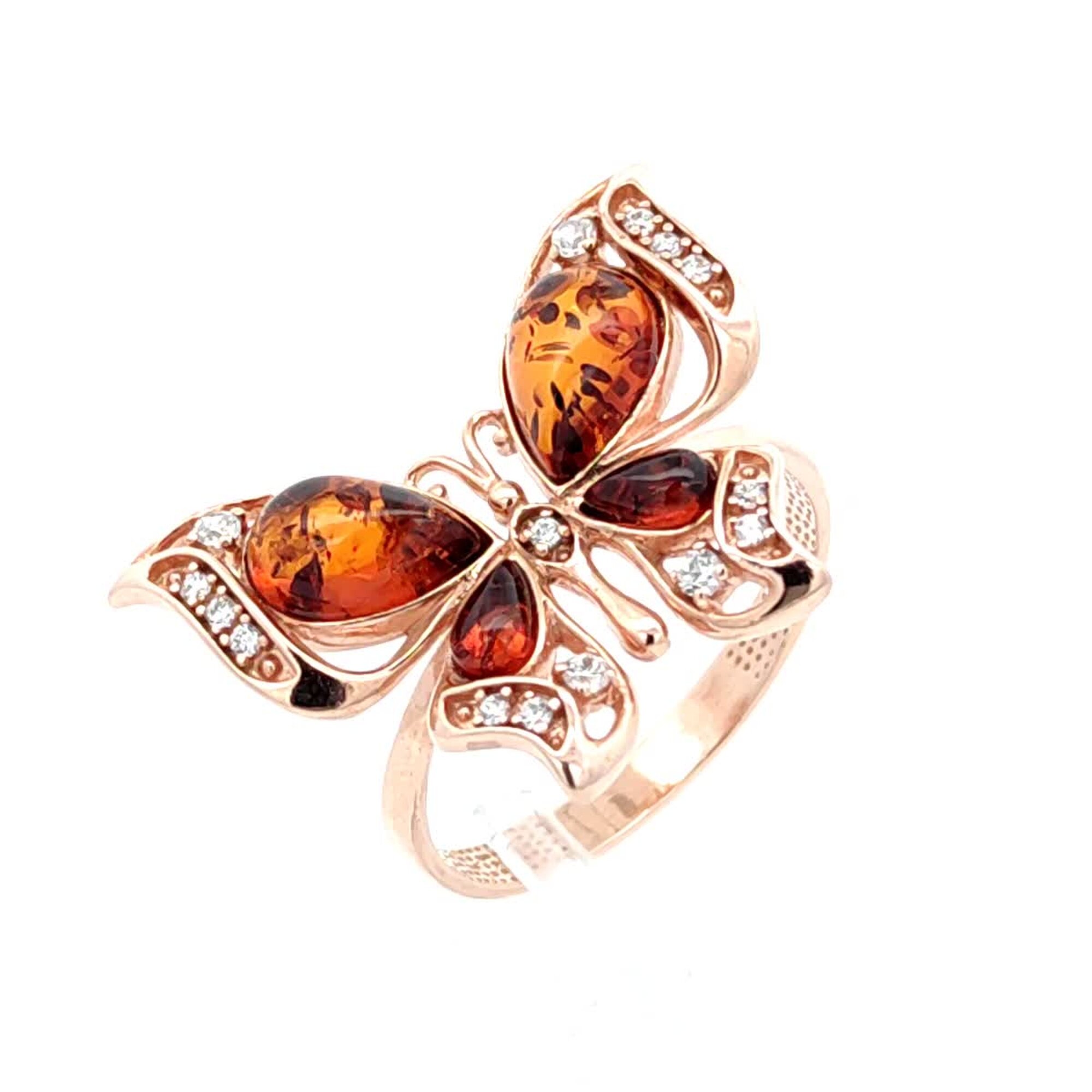 Кольцо, серебро, 925 проба, золочение, фианит, янтарь