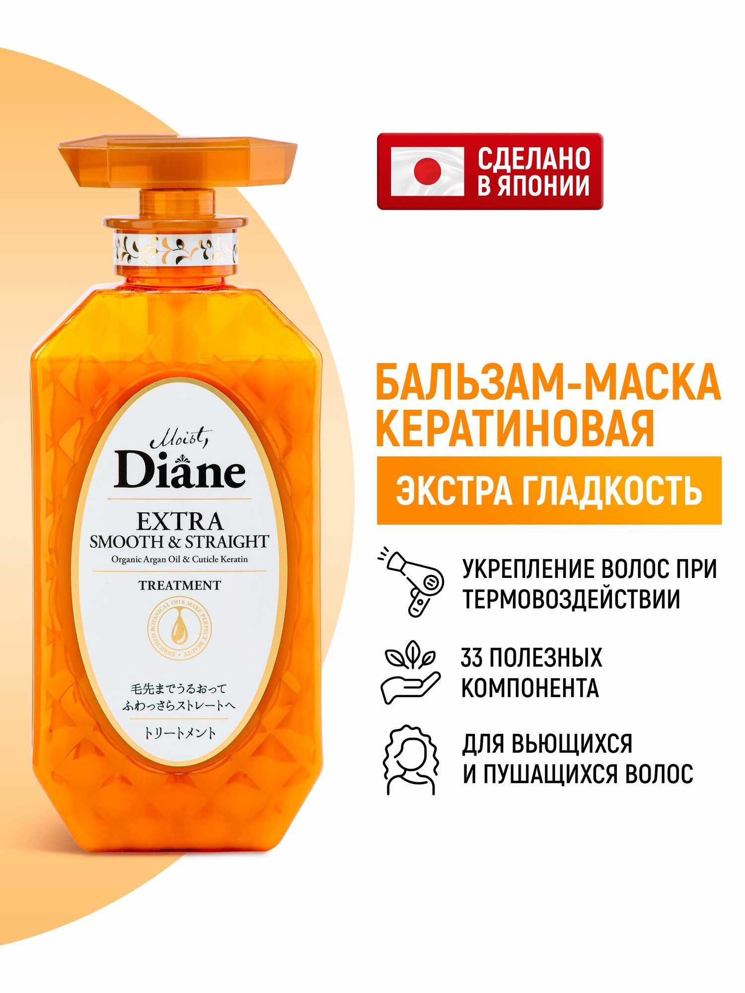 Moist Diane Бальзам-маска кератиновая Perfect Beauty "Гладкость" / Кондиционер разглаживающий для вьющихся и непослушных волос / С керамидами и аргановым маслом (Япония) 450 мл