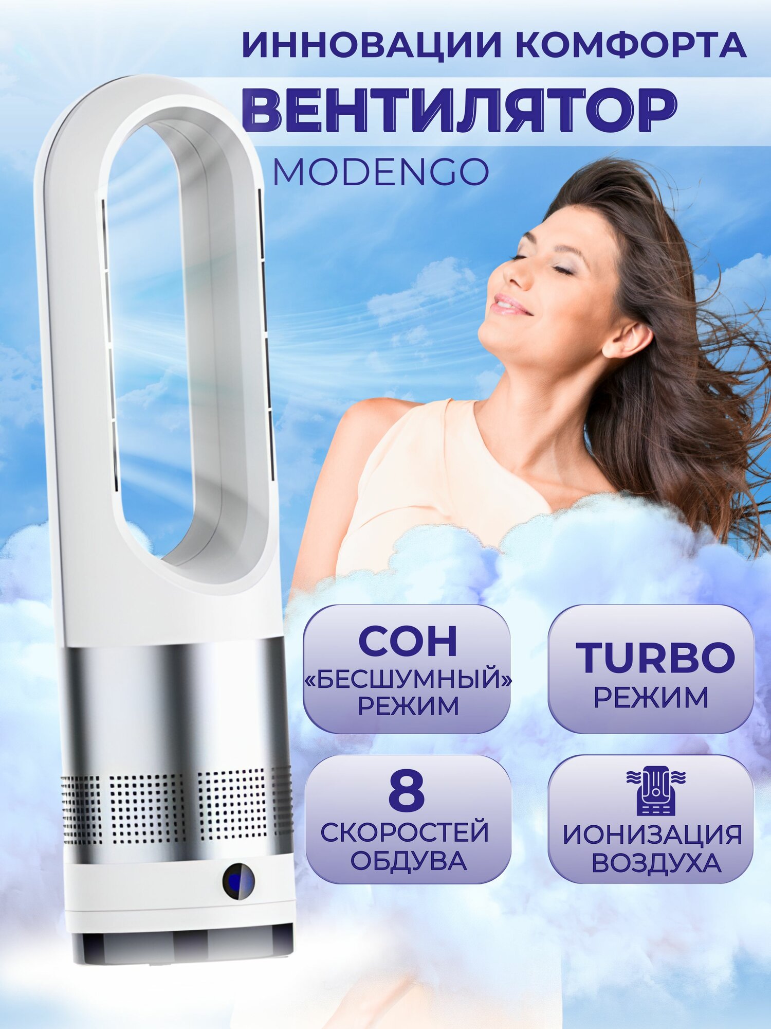 Вентилятор напольный, вентилятор настольный MODENGO безлопастной с пультом 56 см.