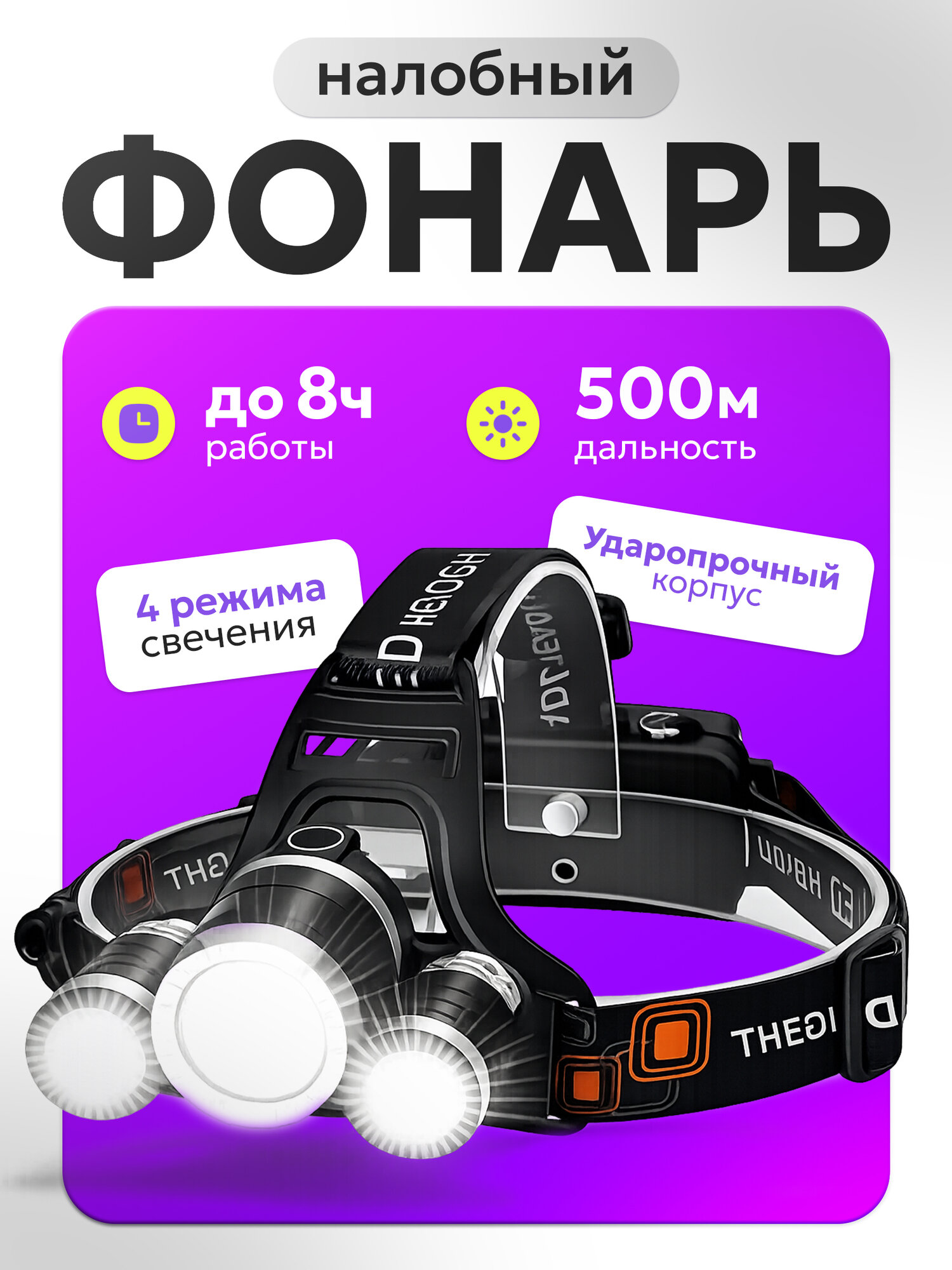 Фонарь налобный аккумуляторный, сверхмощный, профессиональный, 3 светодиода