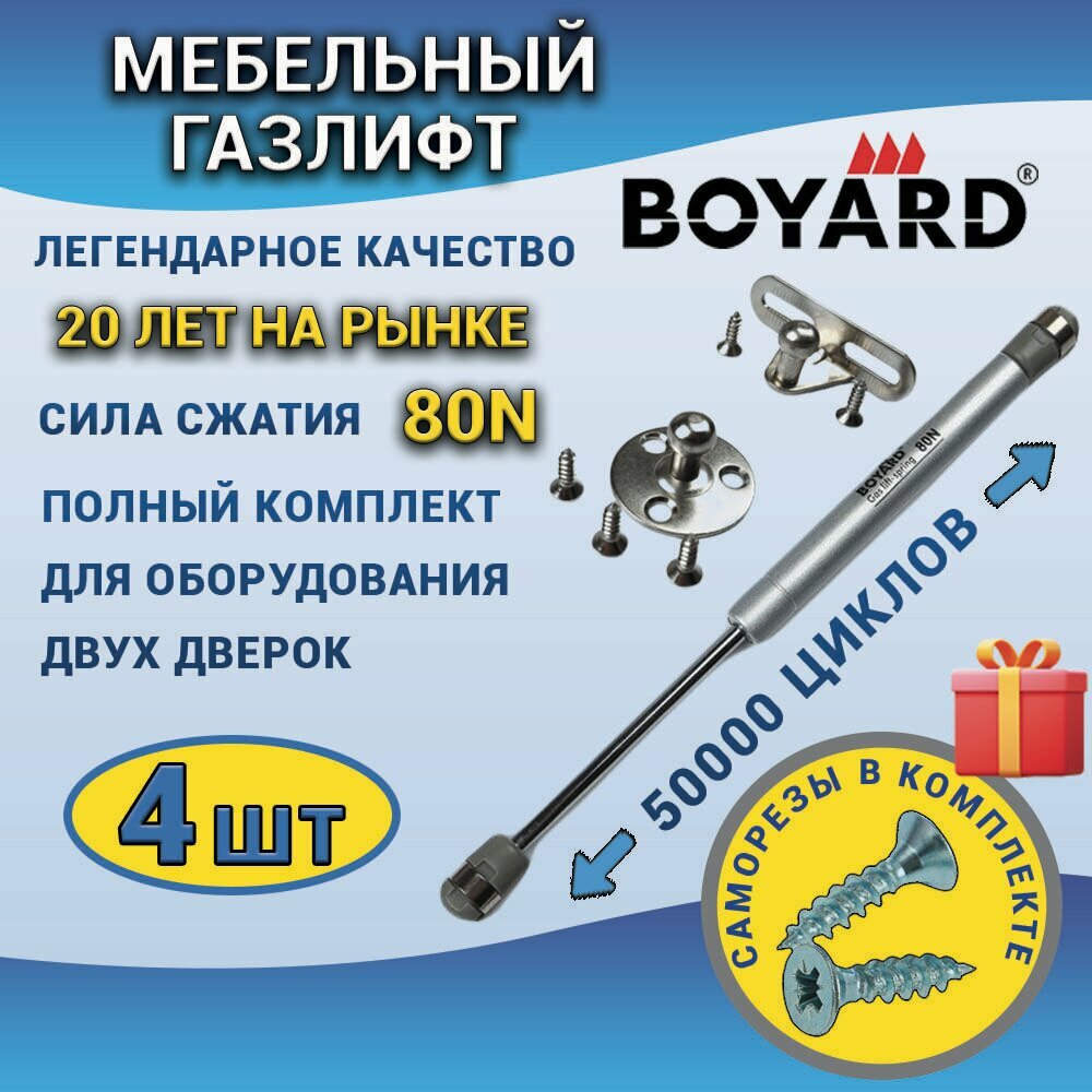 Газлифт мебельный BOYARD усилие 80N, комплект 4 штуки для двух фасадов
