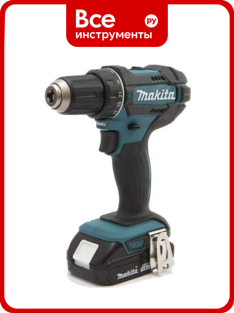 Аккумуляторная дрель-шуруповерт Makita, щеточный двигатель, 21 ступень крутящего момента, 18 В, 2 аккумулятора 1.5 Ач
