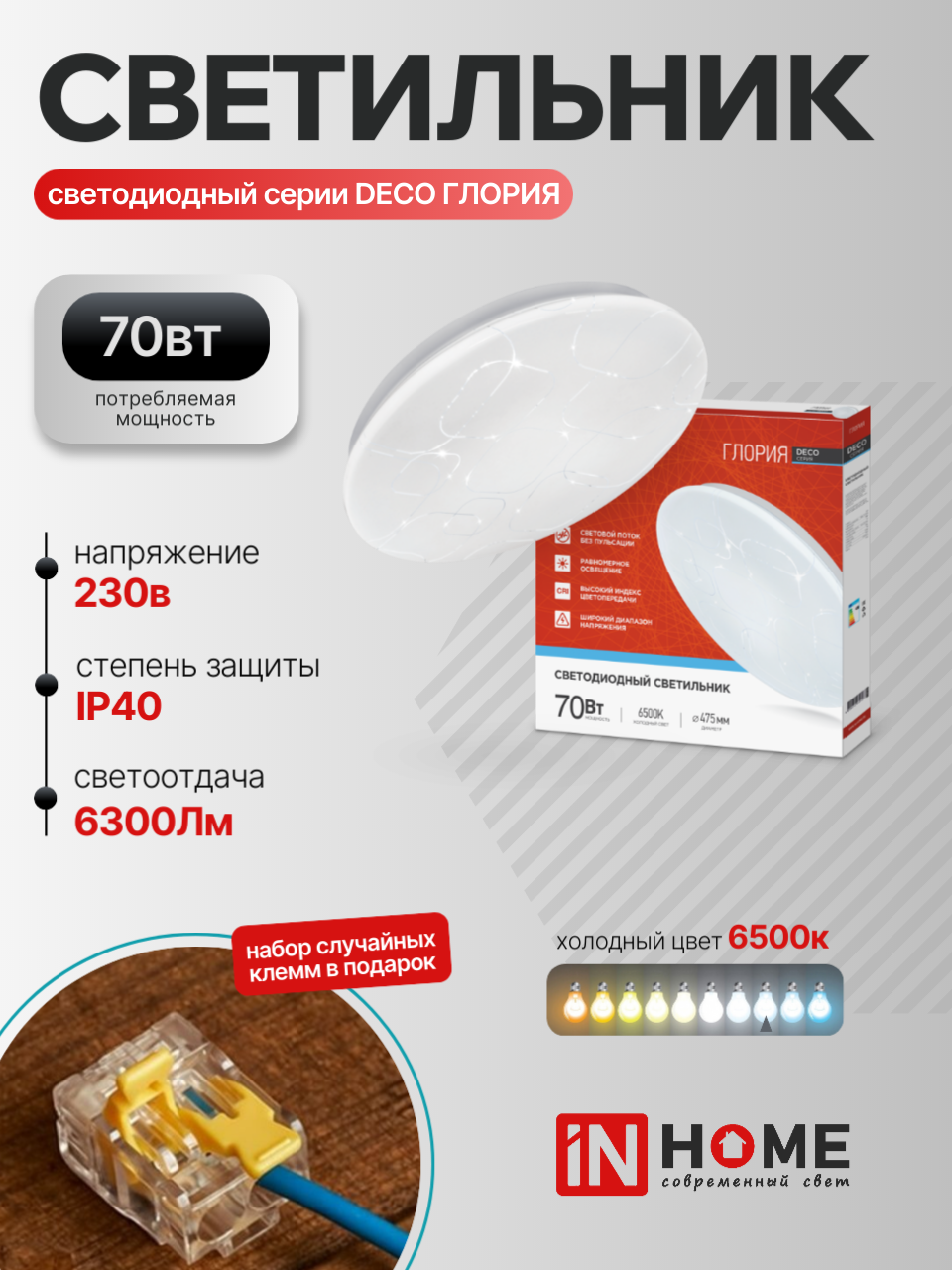 Светильник светодиодный серии DECO глория 70Вт 230В 6500К 6300Лм 483х67мм IN HOME