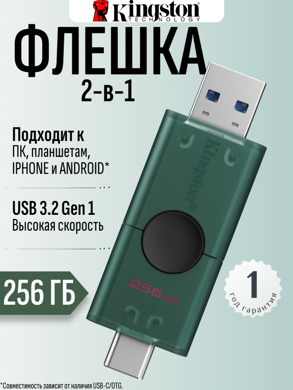 USB флешка Kingston DataTraveler DUO 256 ГБ, USB 3.2 Gen 1, USB Type-A и USB Type-C, зеленый и черный (DTDEG2/256GB)