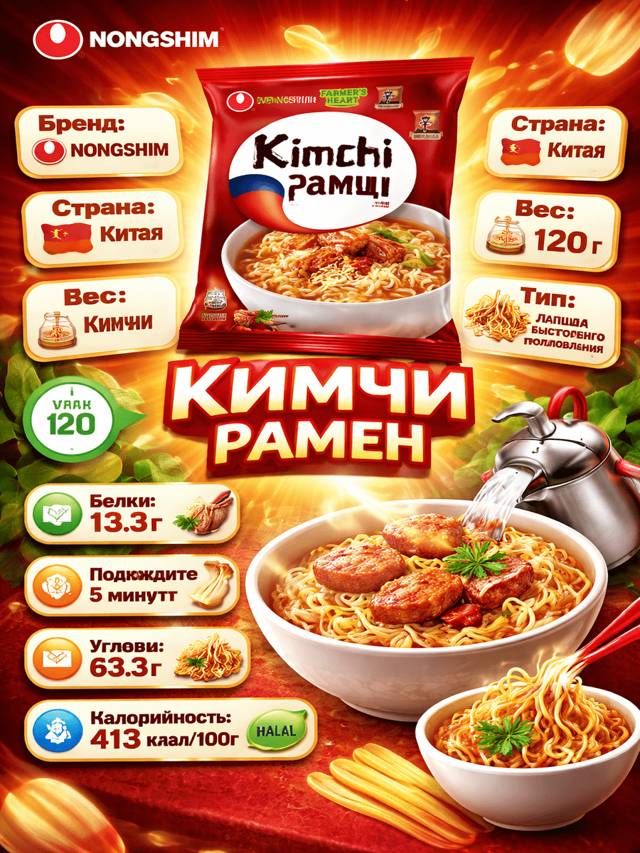 Лапша быстрого приготовления Nongshim Кимчи Рамен, 120г