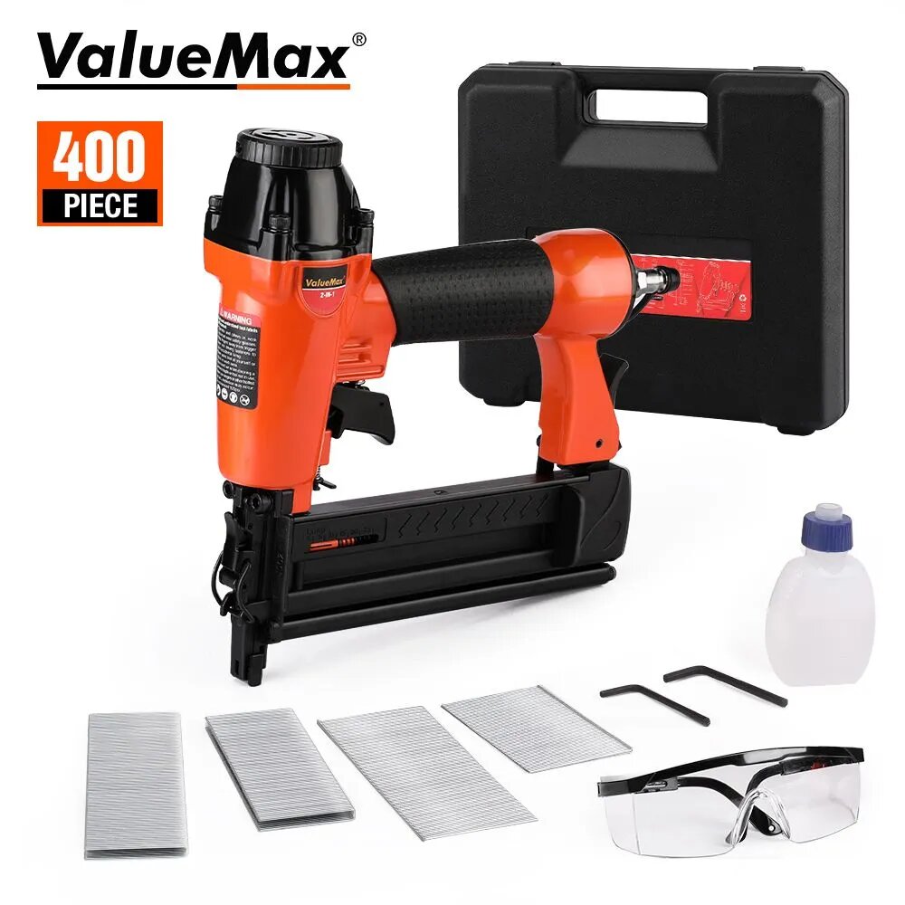 ValueMax Нейлер пневматический 2 в 1 (гвозди 18GA 15-50мм + скобы 15-40мм), строительный степлер, в комплекте 400 шт + кейс
