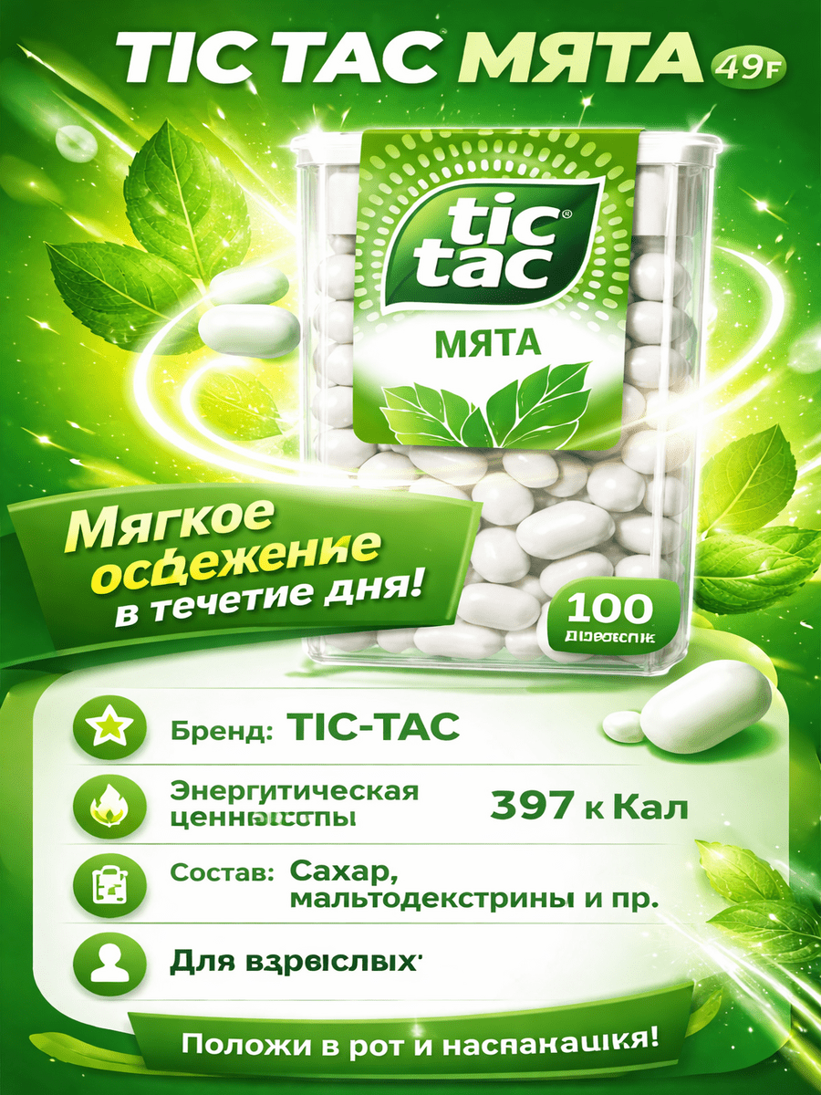 Драже Tic Tac со вкусом мяты освежающее, 49г