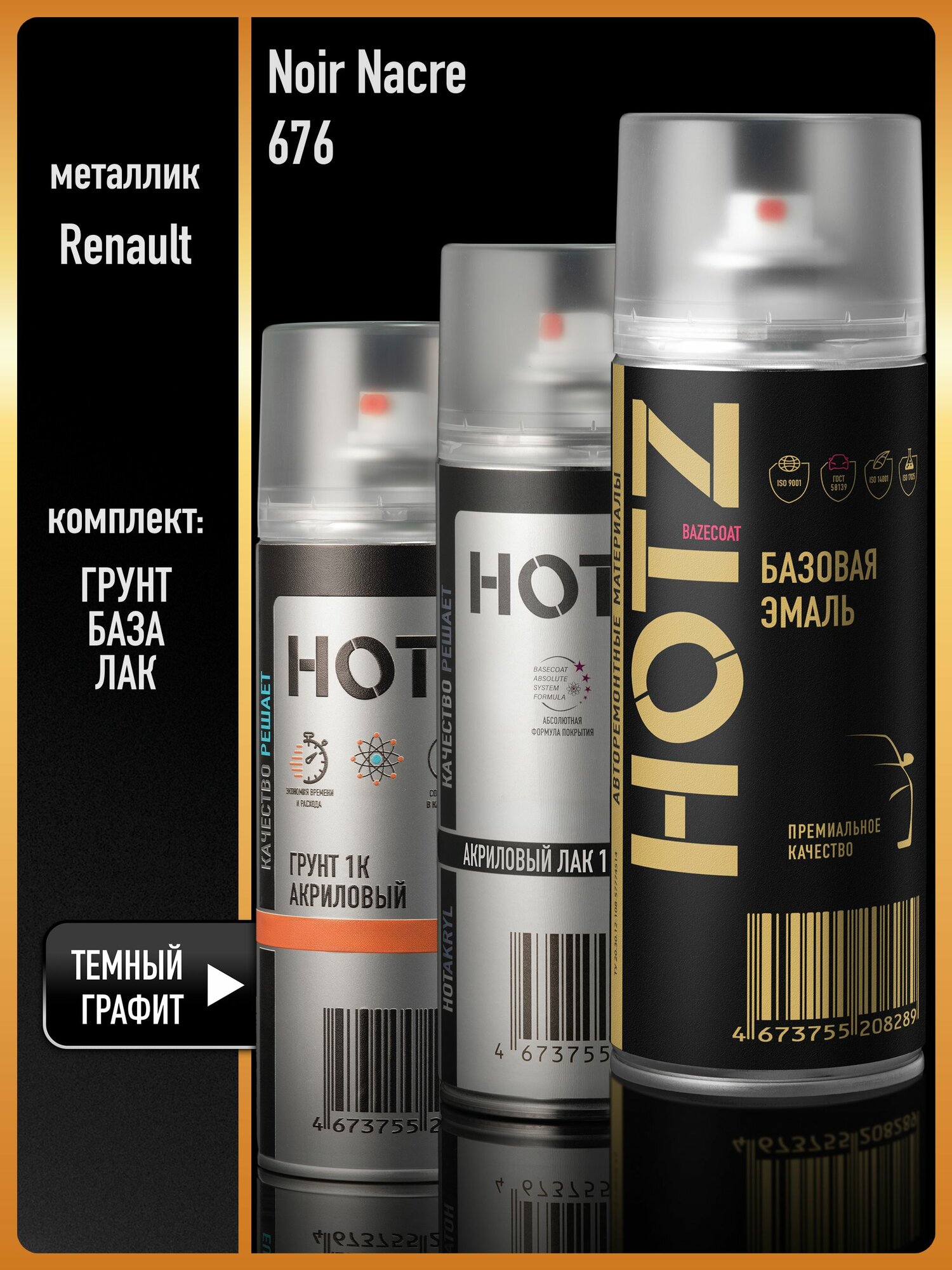 Комплект: (Краска аэрозольная 1K "Renault Noir Nacre/Черная жемчужина 676" 520 мл + Грунт 1К выравнивающий, темный графит, 520 мл + Лак 1К, 520 мл.), HOTZ