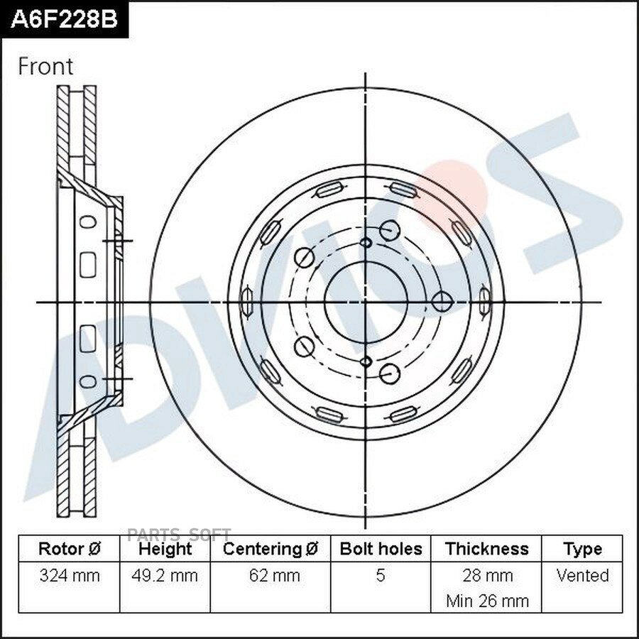 Диск тормозной пер. ADVICS от официального дистрибьютора, ADVICS, артикул A6F228B