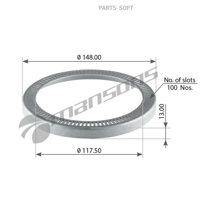 Кольцо ступицы !(м) ABS D117,5xD148x13mm Z=100Nos DAF 65/75/85 CF, CF 65/75/85, XF 95/105 от официального дистрибьютора, MANSONS, артикул 200029
