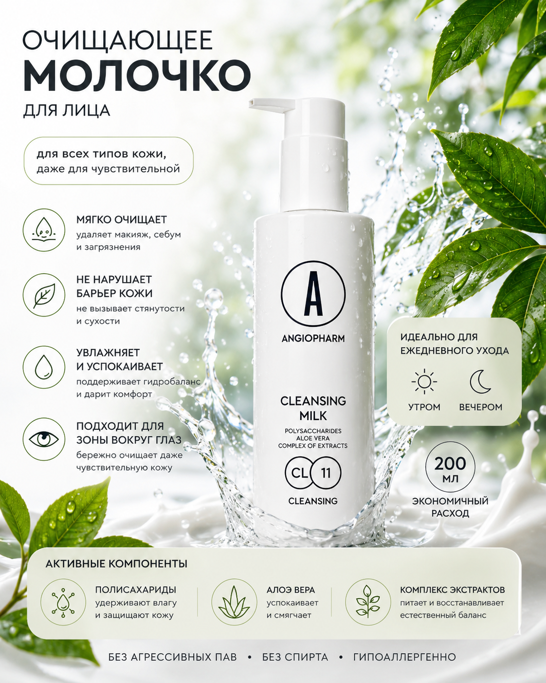Очищающее молочко для лица Angiopharm Cleansing Milk, 200 мл