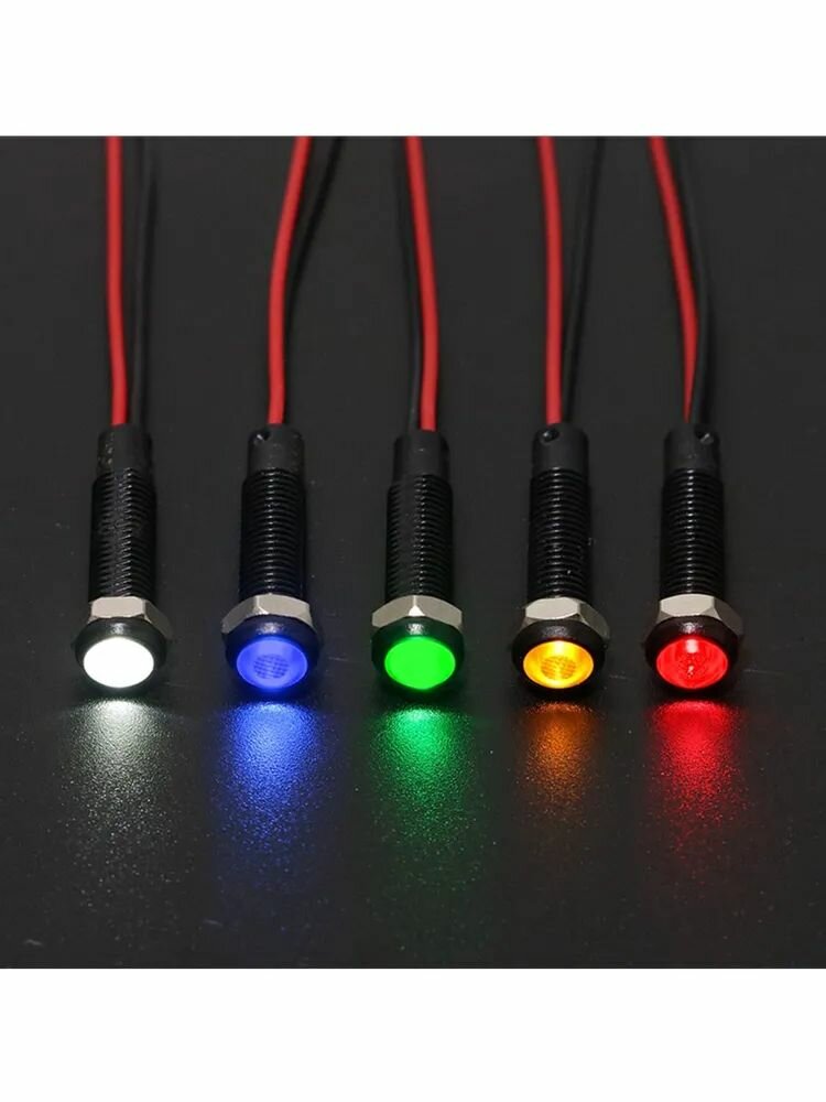 5шт. лампа индикаторная ,220в, Зелёный, пластик, светодиодная LED, М6(Клемма хвостового провода)