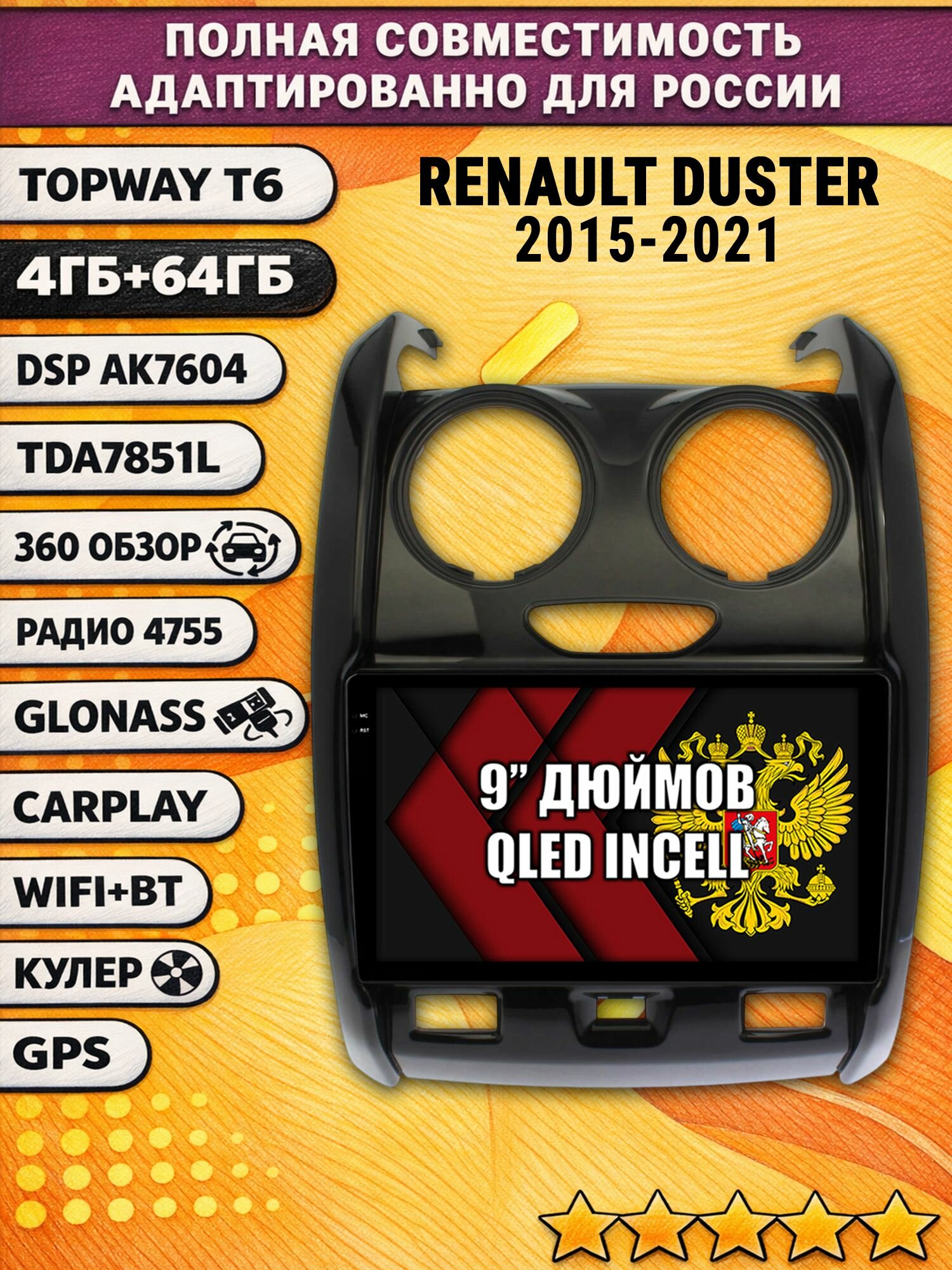 Штатная Андроид магнитола 9 для RENAULT DUSTER (2015-2021) Рено дастер, 4/64гб, 360 обзор, DSP, беспроводной CarPlay/Android Auto, GPS/ГЛОНАСС