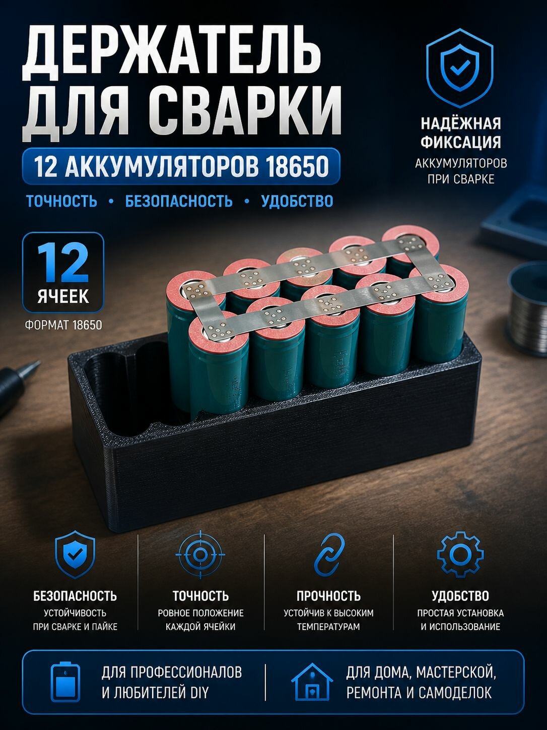 Фиксированный держатель/фиксатор/кронштейн для сварки 12 аккумуляторов 18650