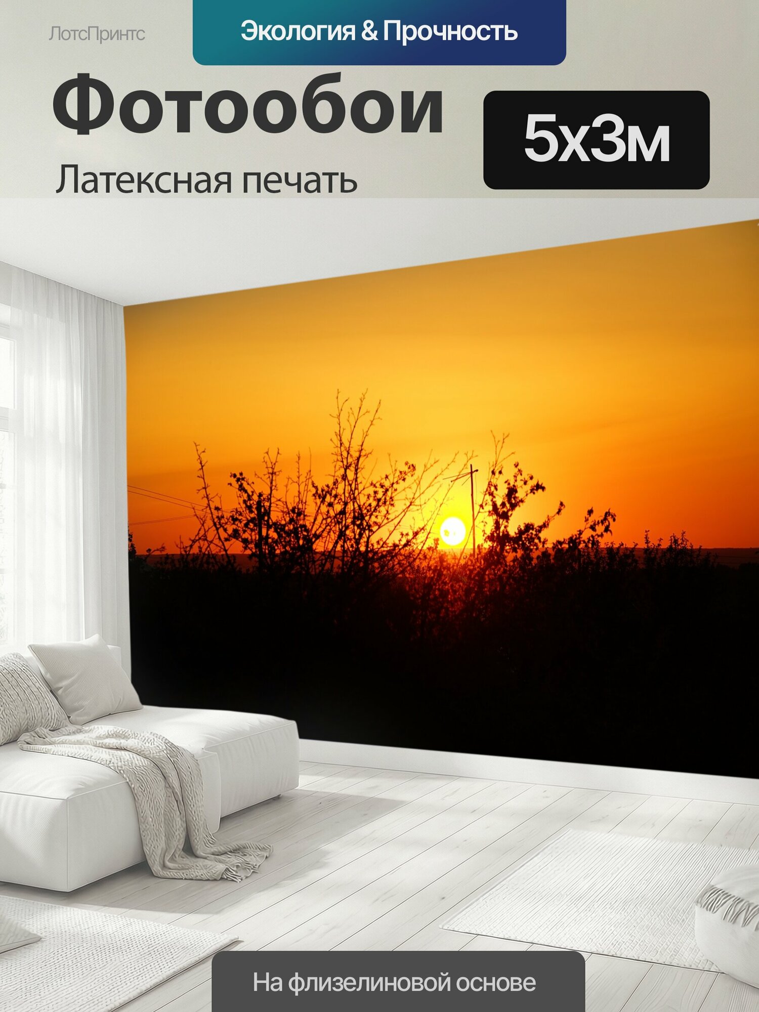 Фотообои моющиеся ударопрочные "Закат, дача, весна" 500x300 см. латексная печать