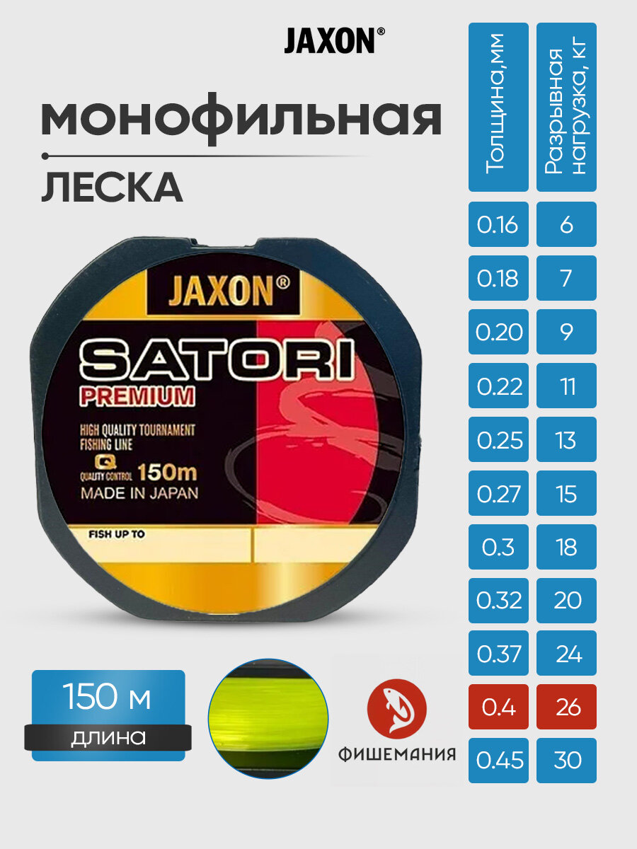 Леска рыболовная для спиннинга Jaxon Satori Fluo 0.40 мм 150 метров флуоресцентно желтая