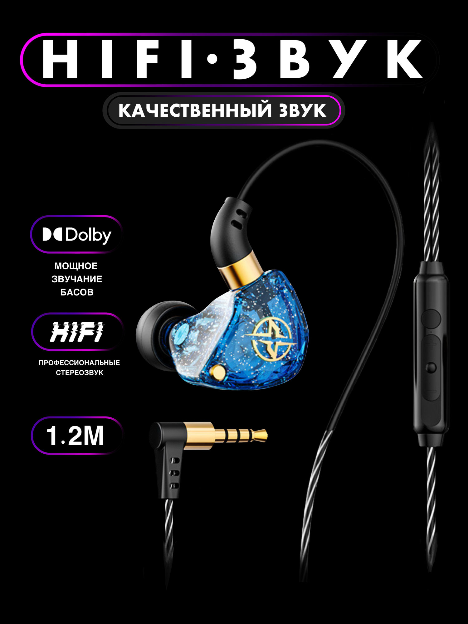 Наушники с микрофоном / разъём jack 3.5 мм / гарнитура / проводные наушники /синий цвет