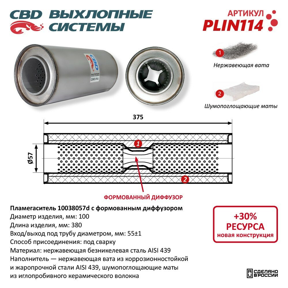 Пламегаситель 10038057d с перфорированным диффузором, из Нерж. стали. CBD. PLIN114