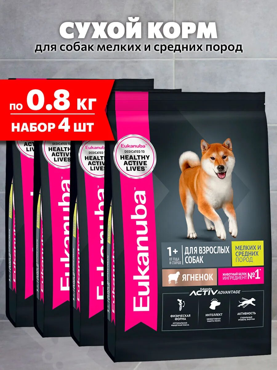 Корм сухой Eukanuba для взрослых собак маленьких и средних пород, ягненок, 800 г х 4 шт