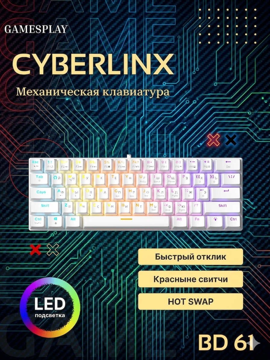 Клавиатура CYBERLYNX BD61, механическая, RGB подсветка, компактная, русская раскладка