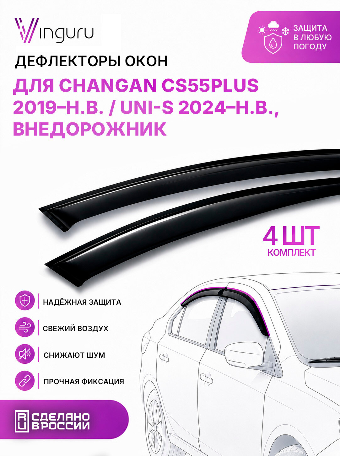 Дефлекторы окон Vinguru для а/м Changan CS55PLUS 2019-н. в./UNI-S 2024-н. в. /внедорожник/накладные/к-т 4шт/литьевой поликарбонат/ / Чанган КС55ПЛЮС