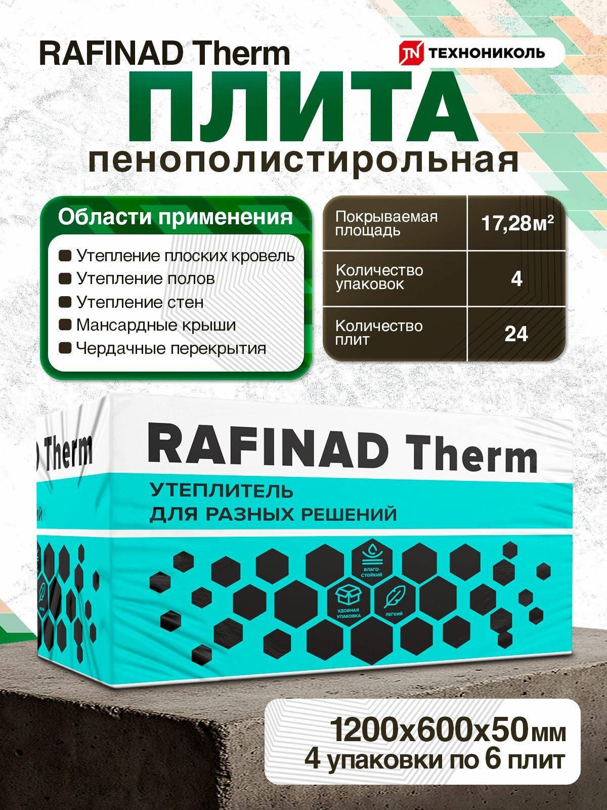 Утеплитель из пенополистирольных плит XPS RAFINAD THERM 1200x600x50 4 упаковки 24 плиты 17,28 м2