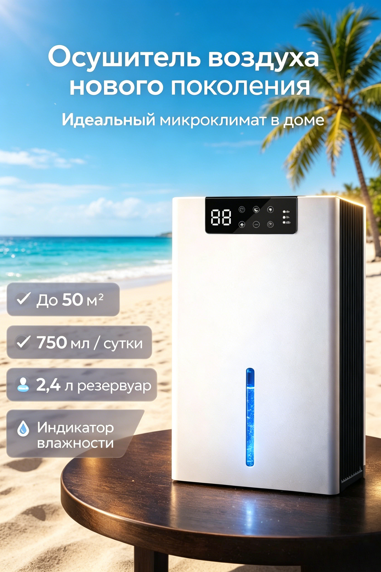 Осушитель воздуха для дома с LED-подсветкой и дисплеем, 2.4 л, до 50 м², тихий бытовой осушитель воздуха