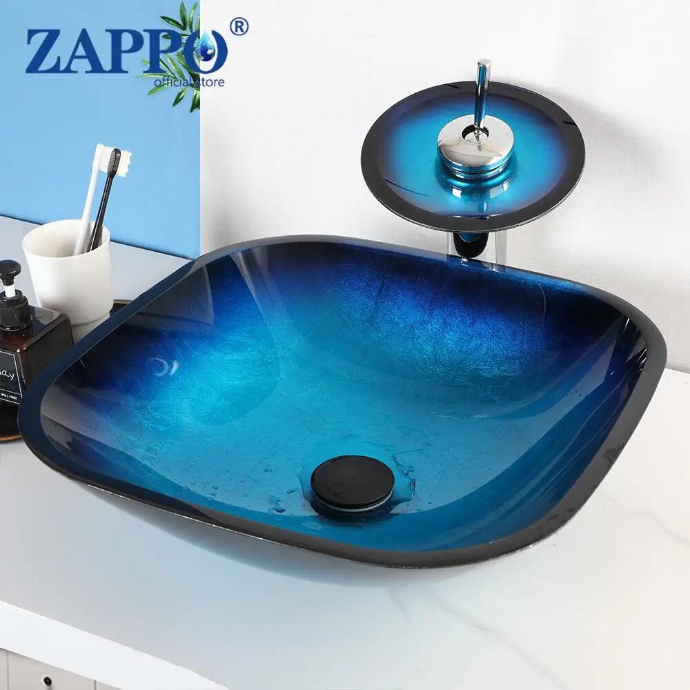 Каминная раковина из закаленного стекла ZAPPO с водопадным черным смесителем Bathroom Oval Blue Vessel Sinks Above Counter Basin
