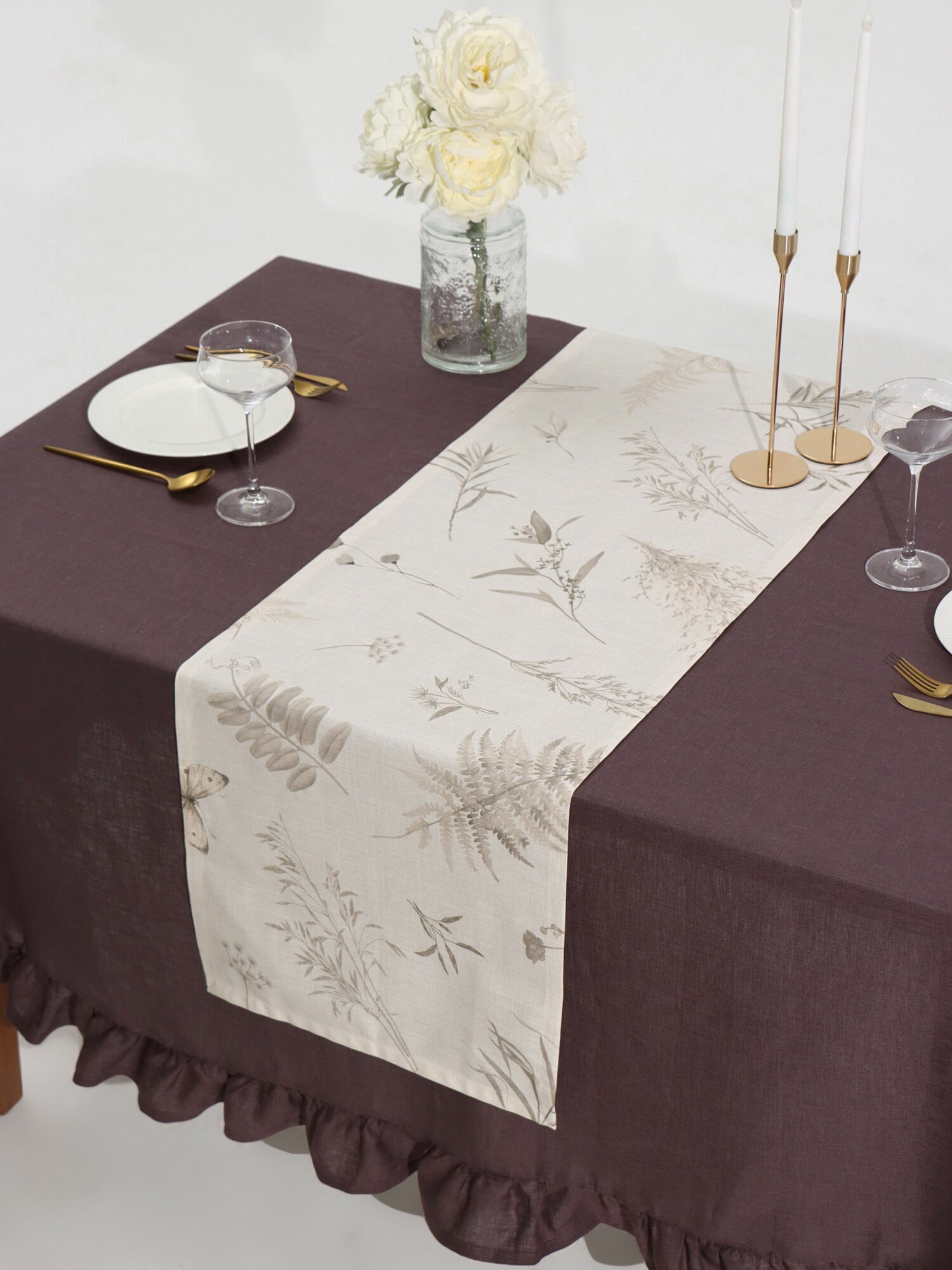 Дорожка на стол Flower herbarium, 40x146 см, 100% хлопок, репс 210 г/?2, бежевая