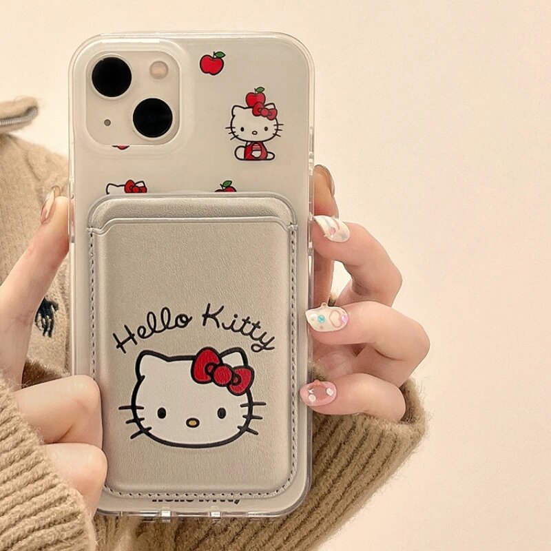 MINISO Очаровательный чехол для телефона Sanrio Hello Kitty с магнитным держателем для карт, поддерживает беспроводную зарядку MagSafe, совместим с iPhone 17/16/15/14/13 Pro Max, Материал: Для iPhone 17 Promax