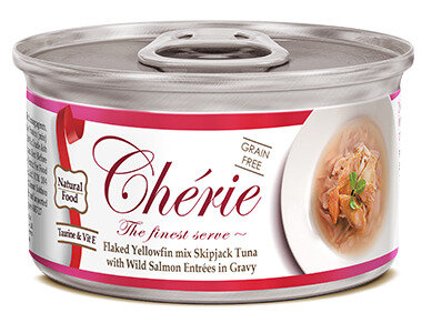 Консервированный влажный корм для кошек Pettric Cherie Signature Gravy, смесь из хлопьев желтоперого и полосатого тунца с кусочками лосося в подливе, 80 г х 24 шт