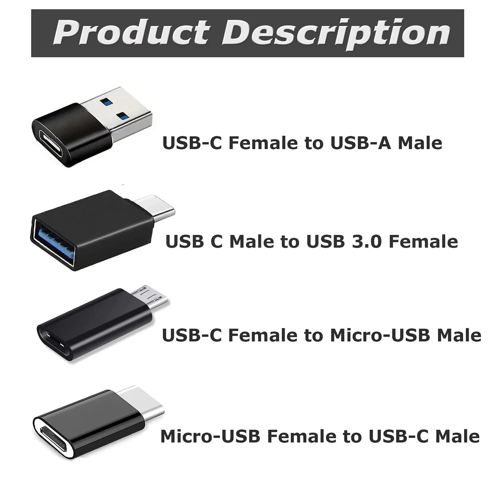 Набор переходников USB Type-C/Micro USB/USB-A, черный — фото 1
