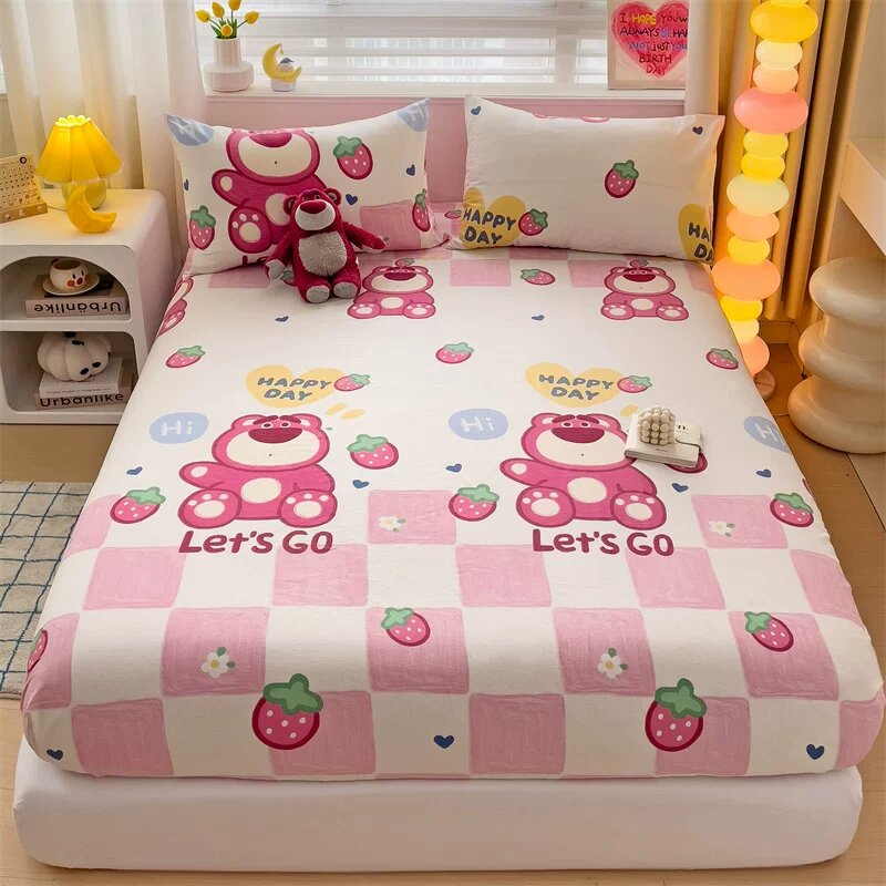 Детское простыня-чехол для матраса Strawberry Bear, 1.2m чистый хлопок, с мультяшным рисунком для девочек,