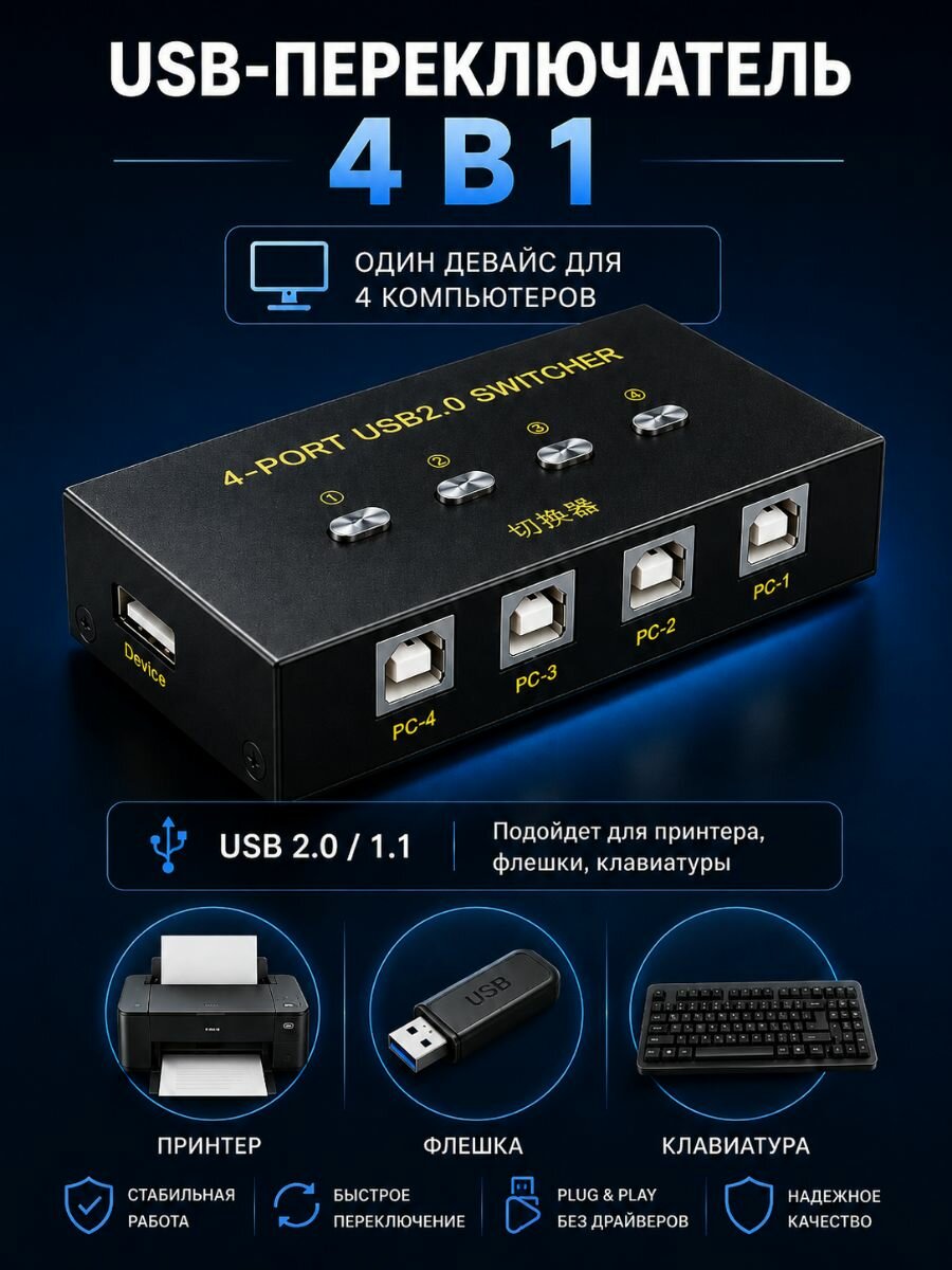 Принт-сервер для принтера, USB принт-сервер на 4 порта для принтера, черный