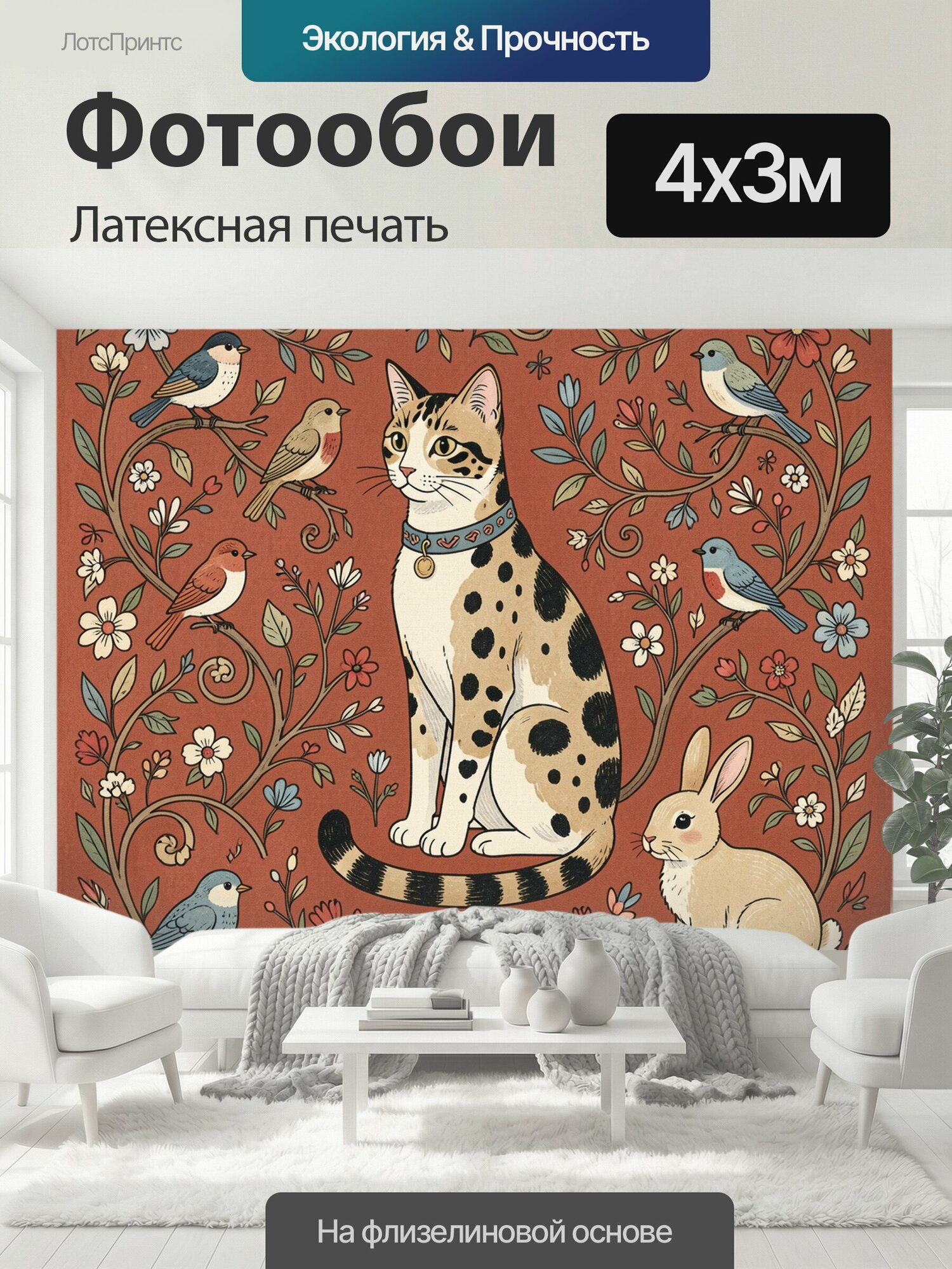 Фотообои моющиеся ударопрочные "Кот с птицами и зайцем. Декоративная иллюстрация в винтажном стиле: пятнистый кот в центре, вокруг птички, кролик." 400x300 см. латексная печать