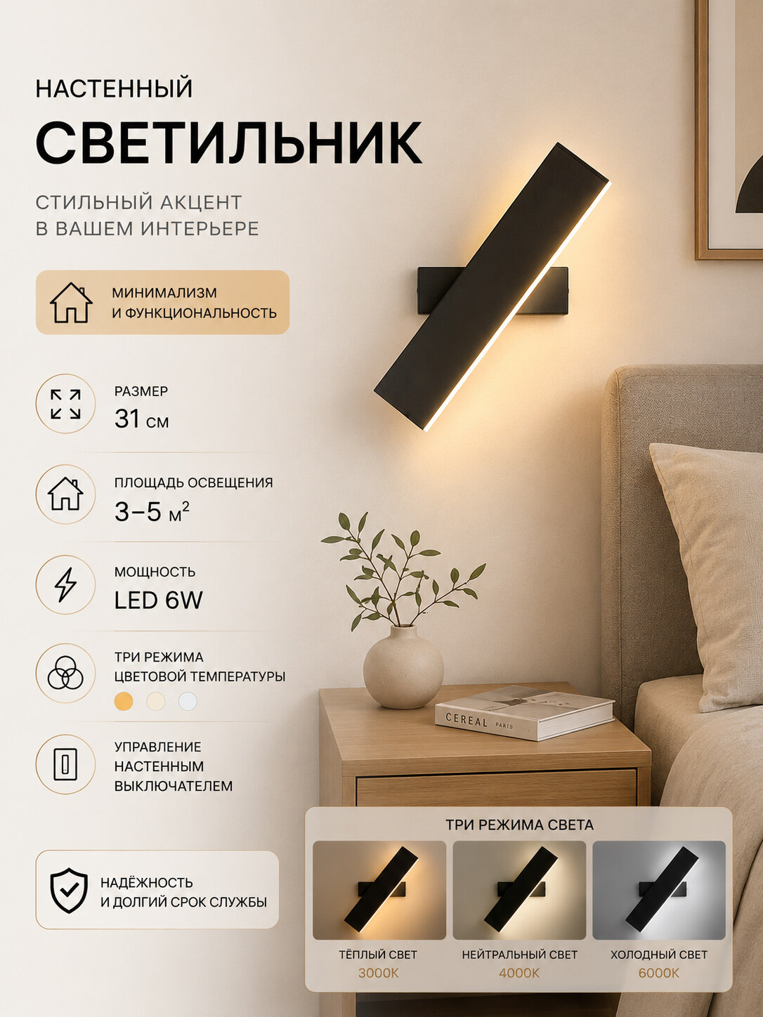 Настенный светильник LED 3 режима света|поворотный регулируемый бра|гостиной и коридора|черный