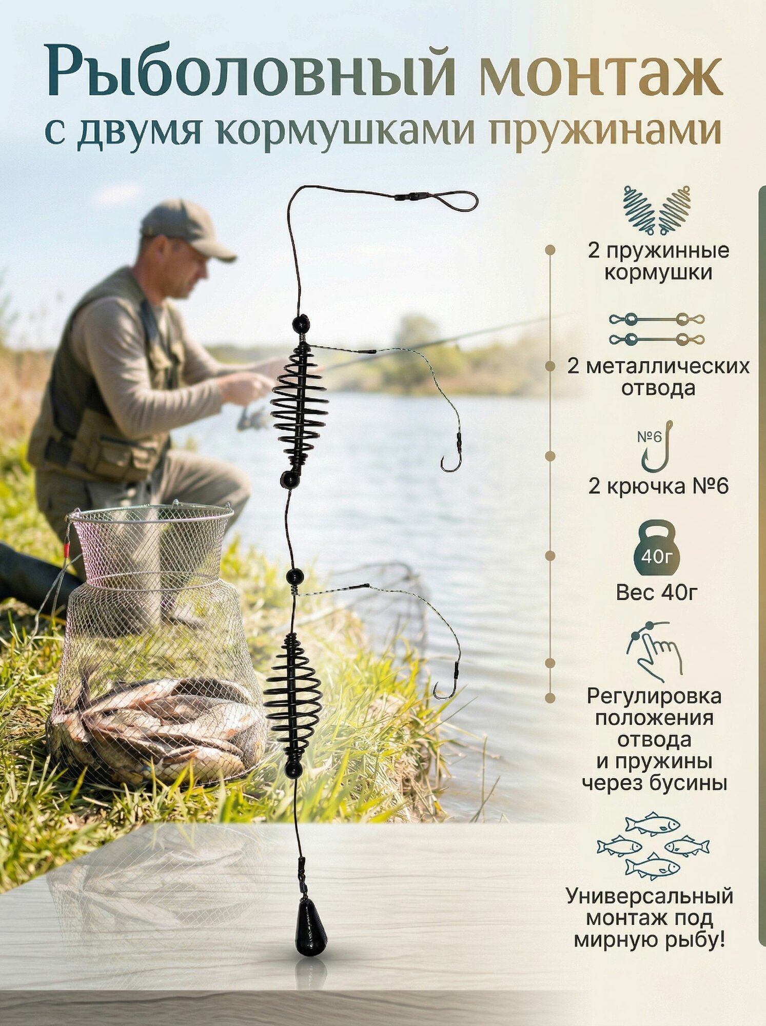 Фидерный монтаж с кормушкой, супер карась, убийца карася 2 увеличенные кормушки, груз 40г, плетеный шнур 0,15мм, 2 крючка №6