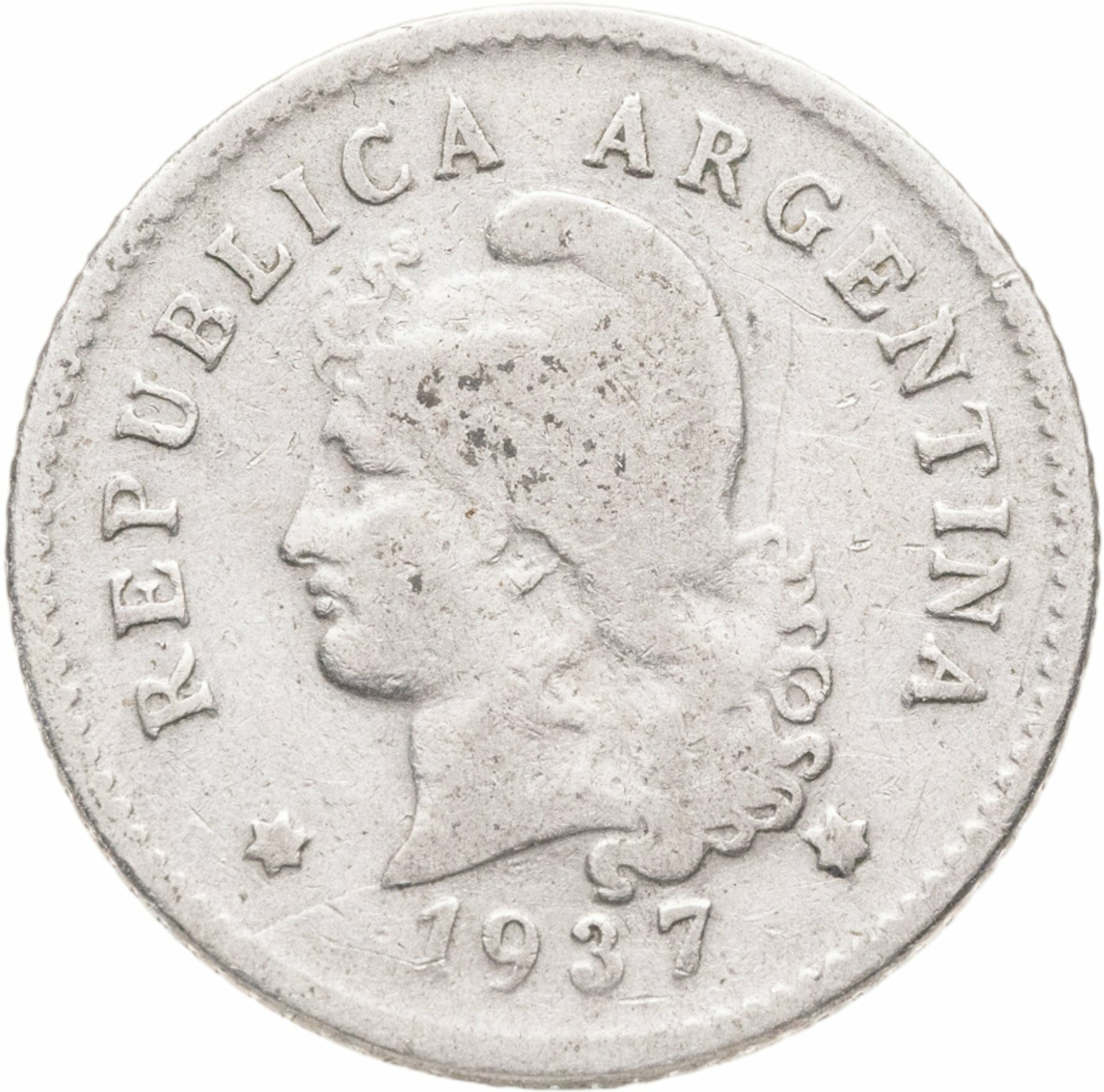Аргентина 10 сентаво centavos 1937, Мельхиор медь-никель, в сохранности VF