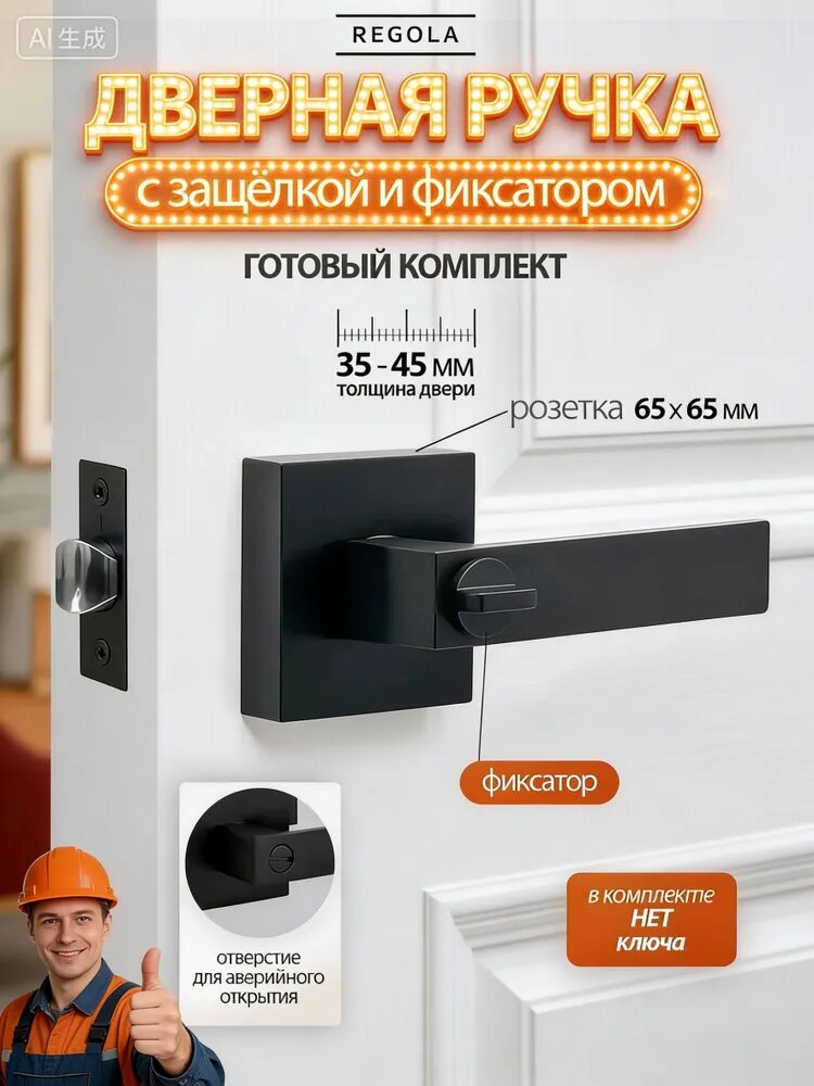 Ручка дверная с защелкой/Сменная ручка для межкомнатной двери/черная