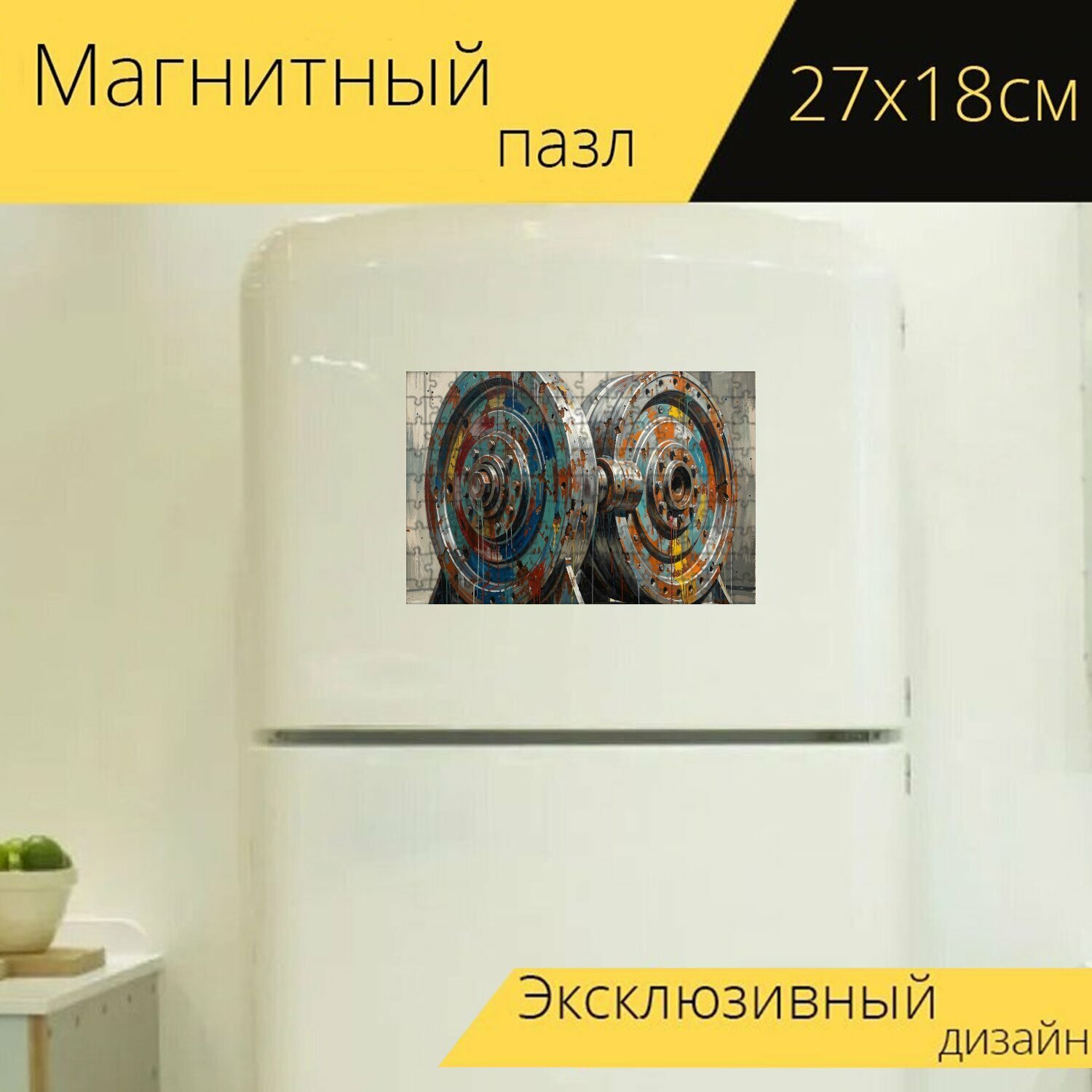 Магнитный пазл "Два стальных круга с потеками. Парные металлические узлы в индустриальном стиле, покрытые разноцветными мазками, ржавыми следами и." на холодильник 27 x 18 см.