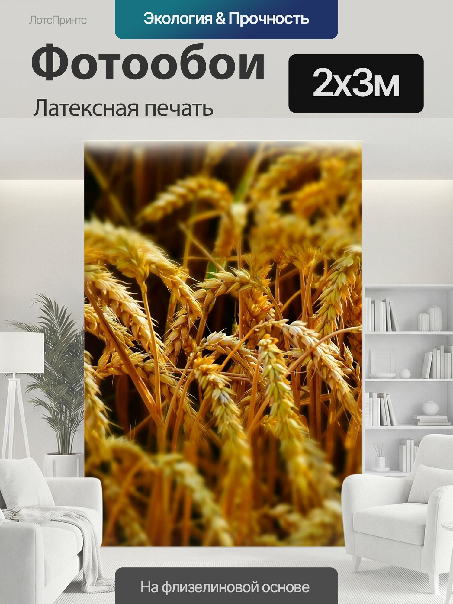 Фотообои моющиеся ударопрочные "Пшеница, пшеничное поле, колосья пшеницы" 200x300 см. латексная печать